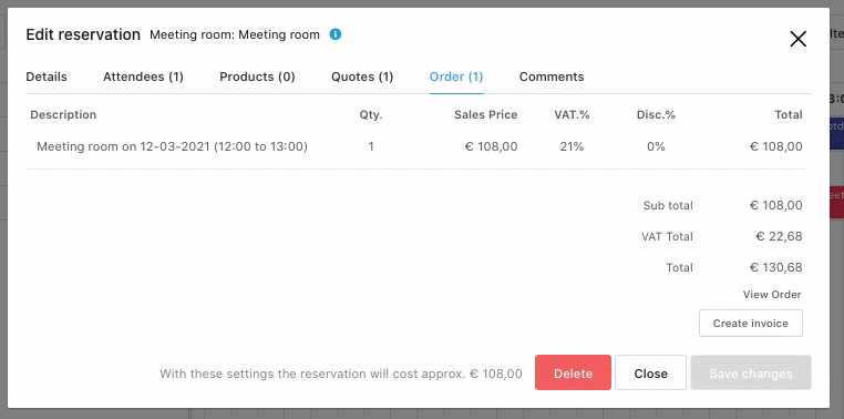 Creating an invoice for a meeting from the meeting room booker